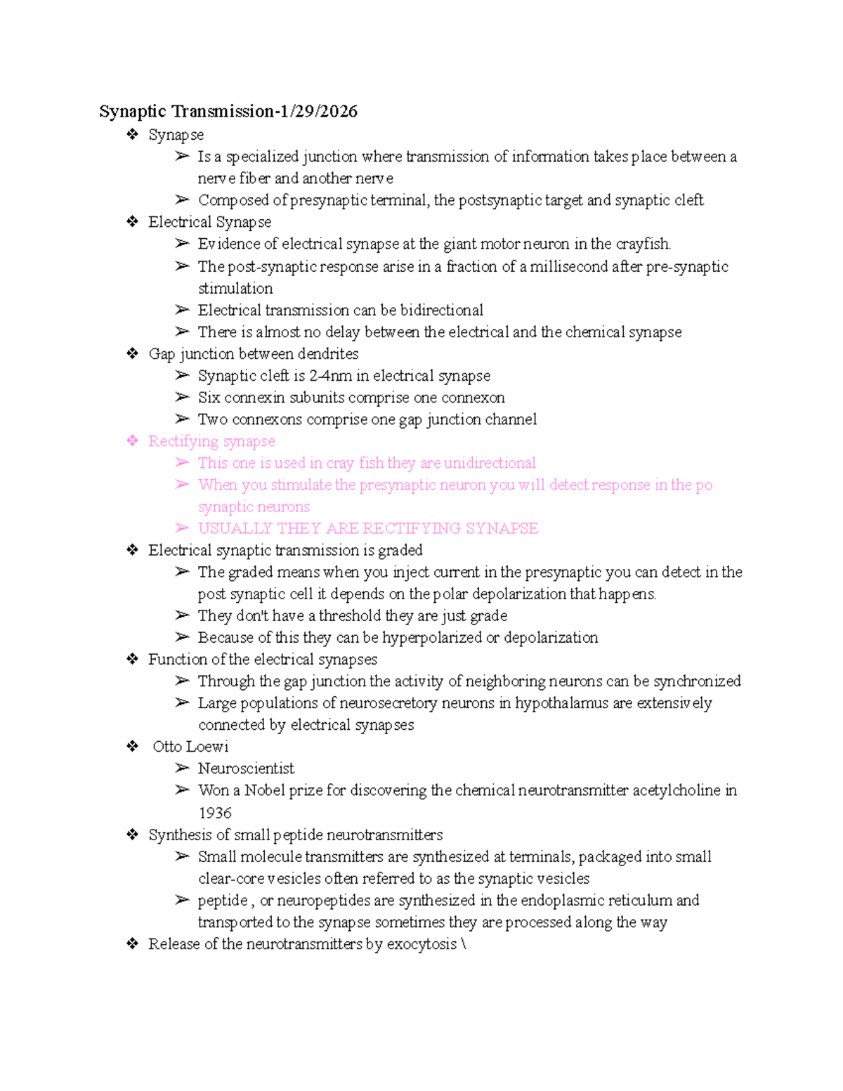 Synaptic Transmission Overview - Lecture Notes - Studocu