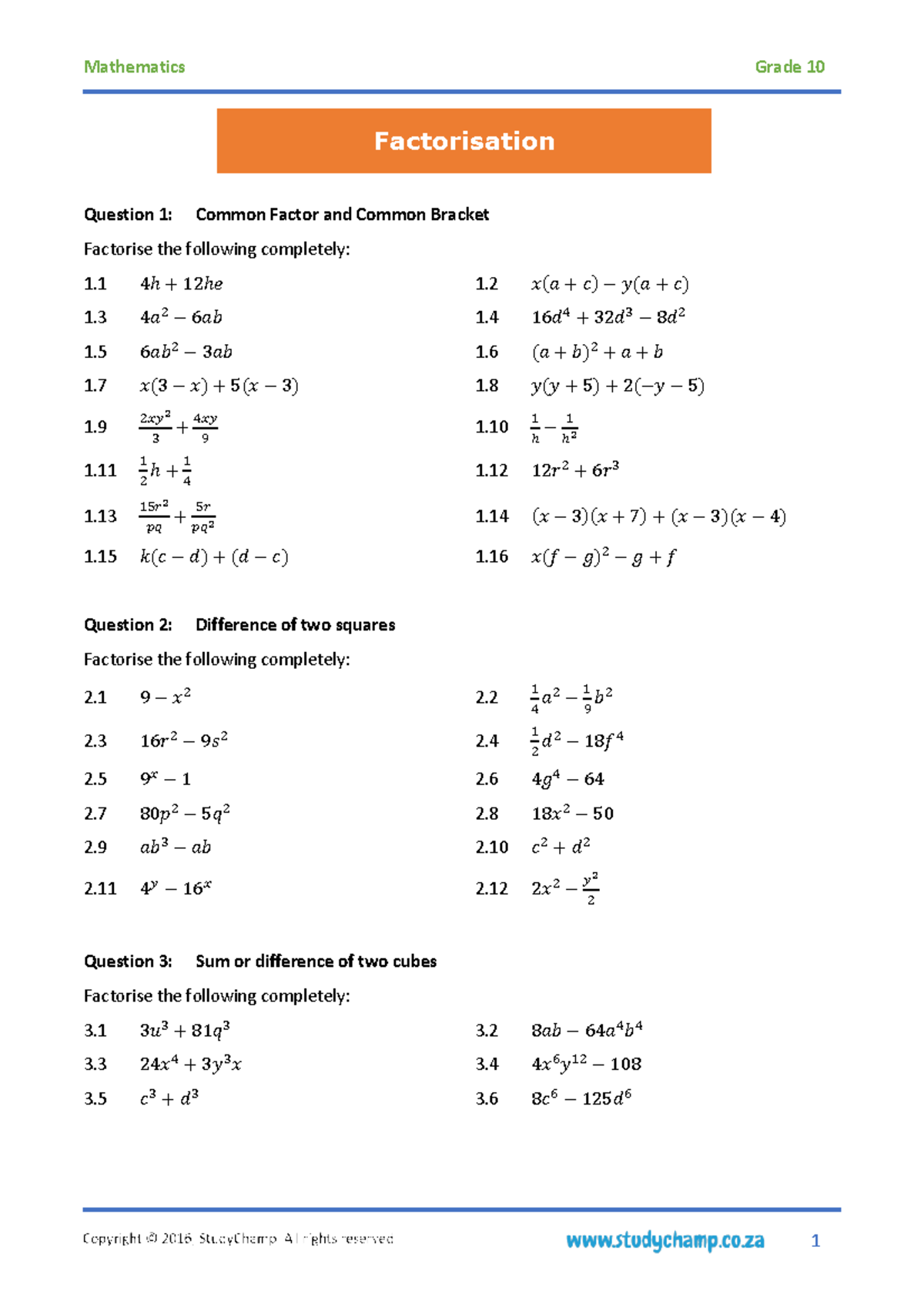 Grade 10 Mathematics Factorisation Practice Questions - Studocu