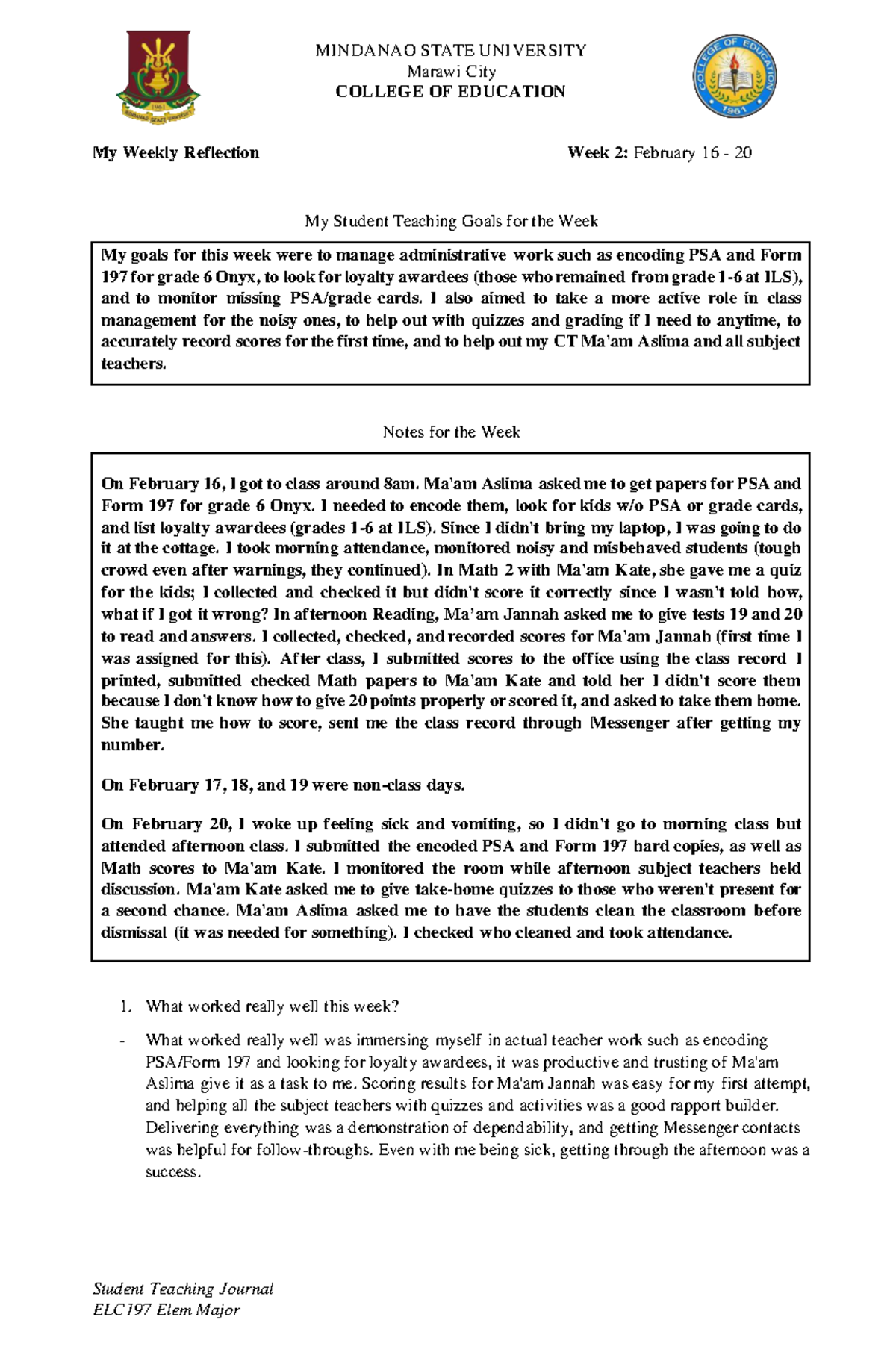 Weekly Reflection: Student Teaching Goals (ELC197) - Week 2 - Studocu