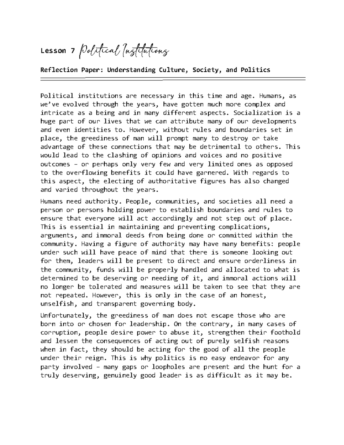 UCSP - Reflection Paper (Political Institutions) - Lesson 7 Political ...