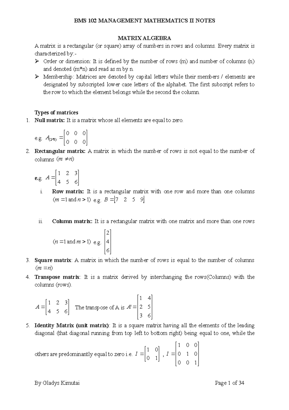 BMS 102 Management Mathematics II: Matrix Algebra and Operations Notes ...