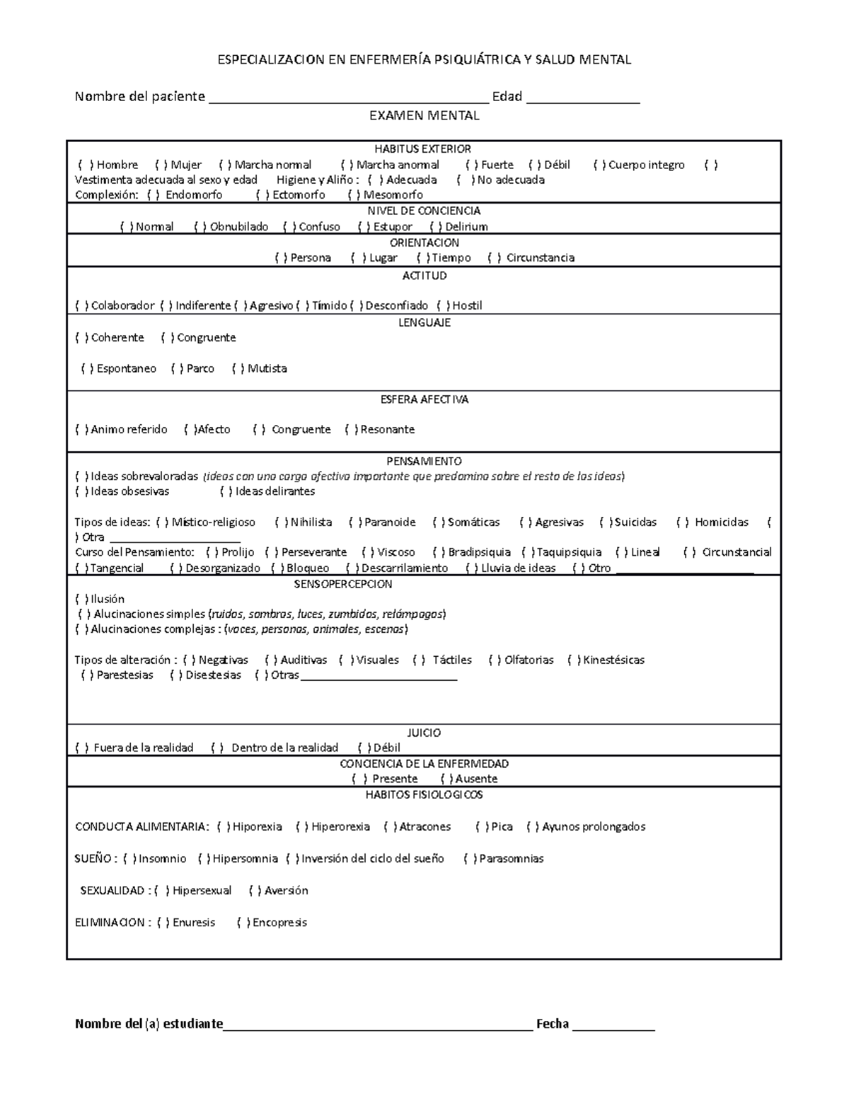 Examen- Mental - ESPECIALIZACION EN ENFERMERÍA PSIQUIÁTRICA Y SALUD ...