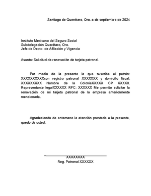 Carta IMSS Solicitud LA Certificacion DEL Registro Patronal 2024 - Santiago de Querétaro, Qro. a ...