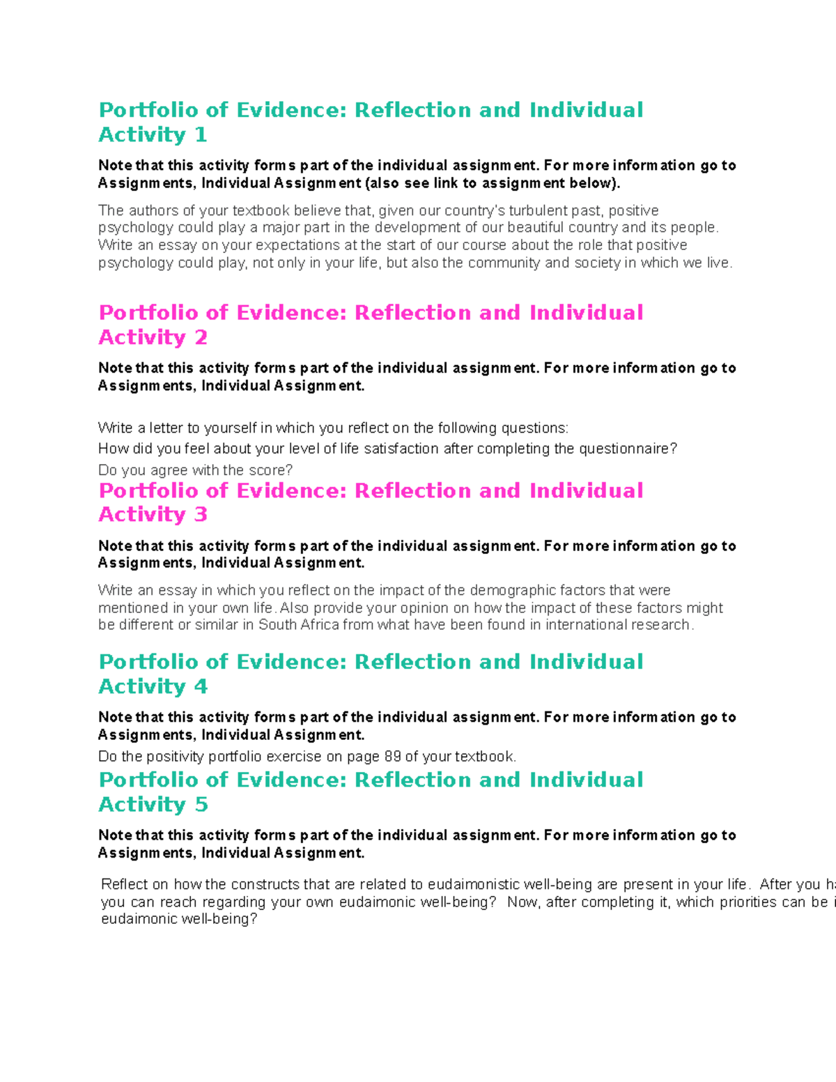 Positive Psychology Portfolio of Evidence (PSYC221) - Reflections ...