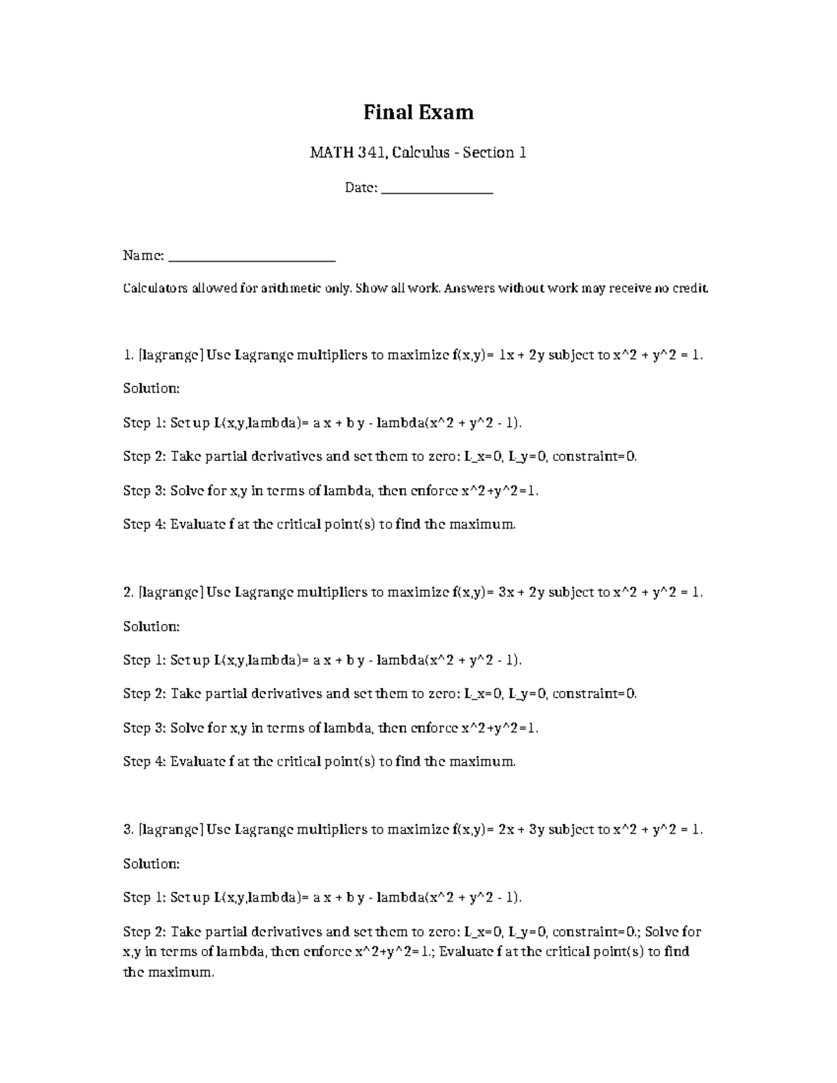 Final Exam Solutions for MATH 341: Lagrange Multipliers - Studocu
