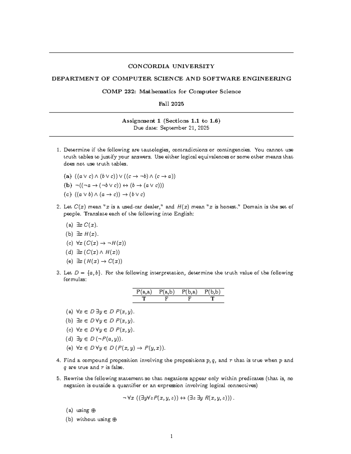 A1 COMP 232 Fall 2025 - Mathematics for Computer Science Questions - Studocu