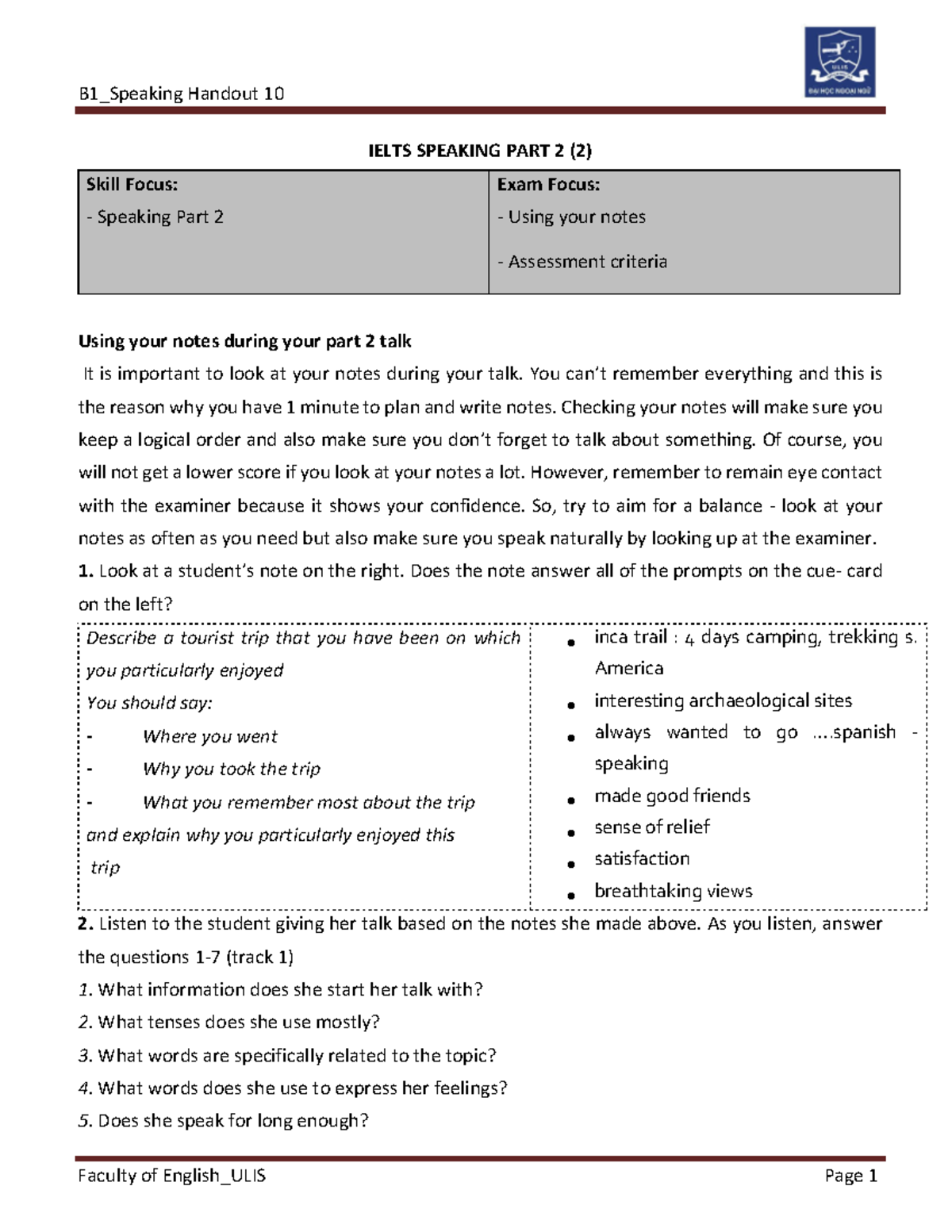 B1 Speaking Handout: IELTS Part 2 Strategies and Tips - Studocu