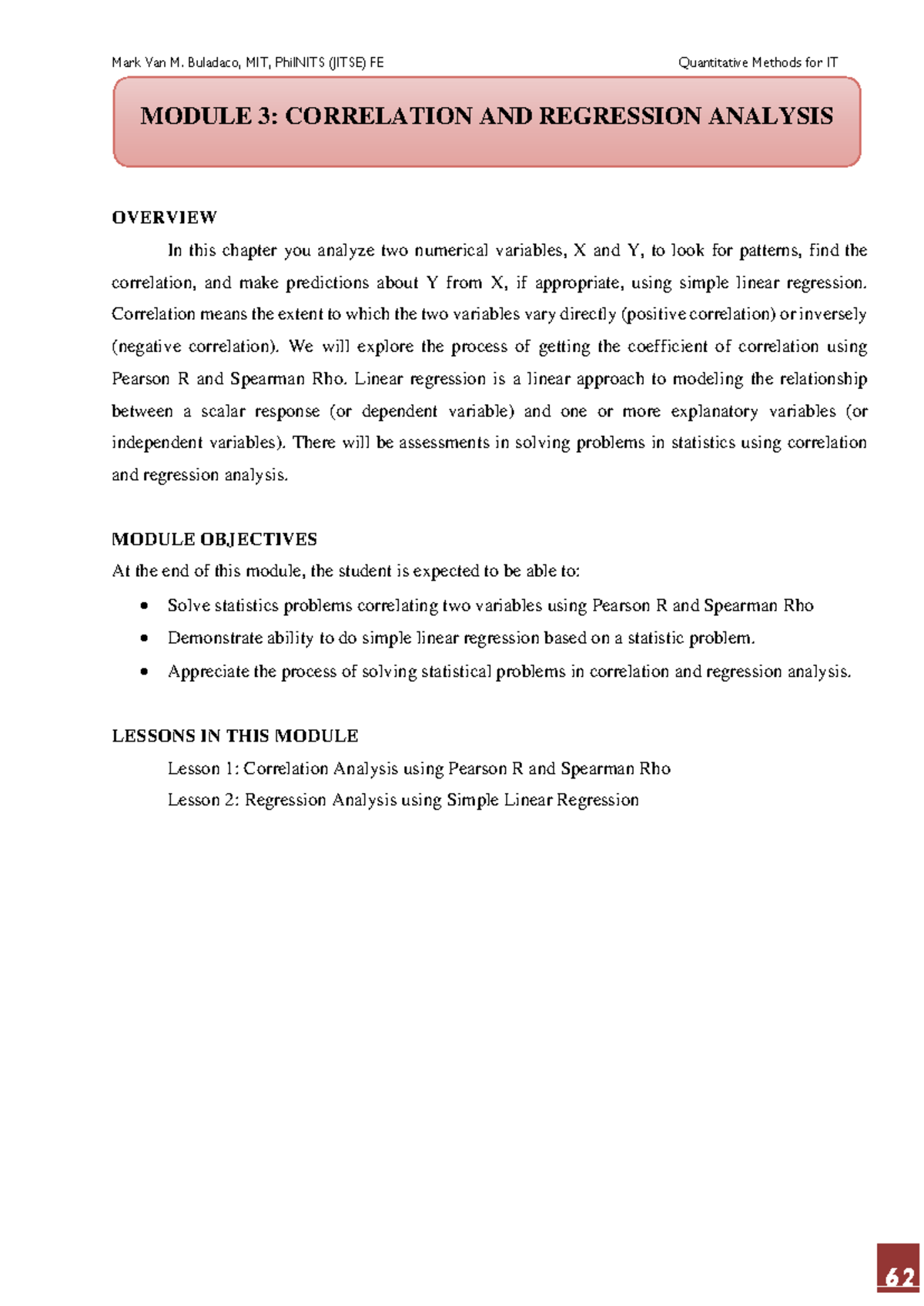 IIT Buladaco M: Module 3 - Correlation & Regression Analysis Overview - Studocu