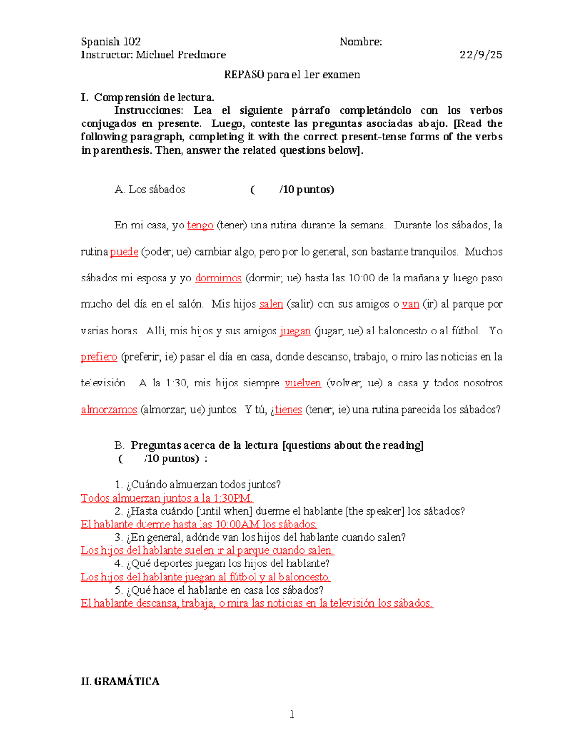 Spanish 102: Repaso para el 1er Examen - Instructor Michael Predmore ...