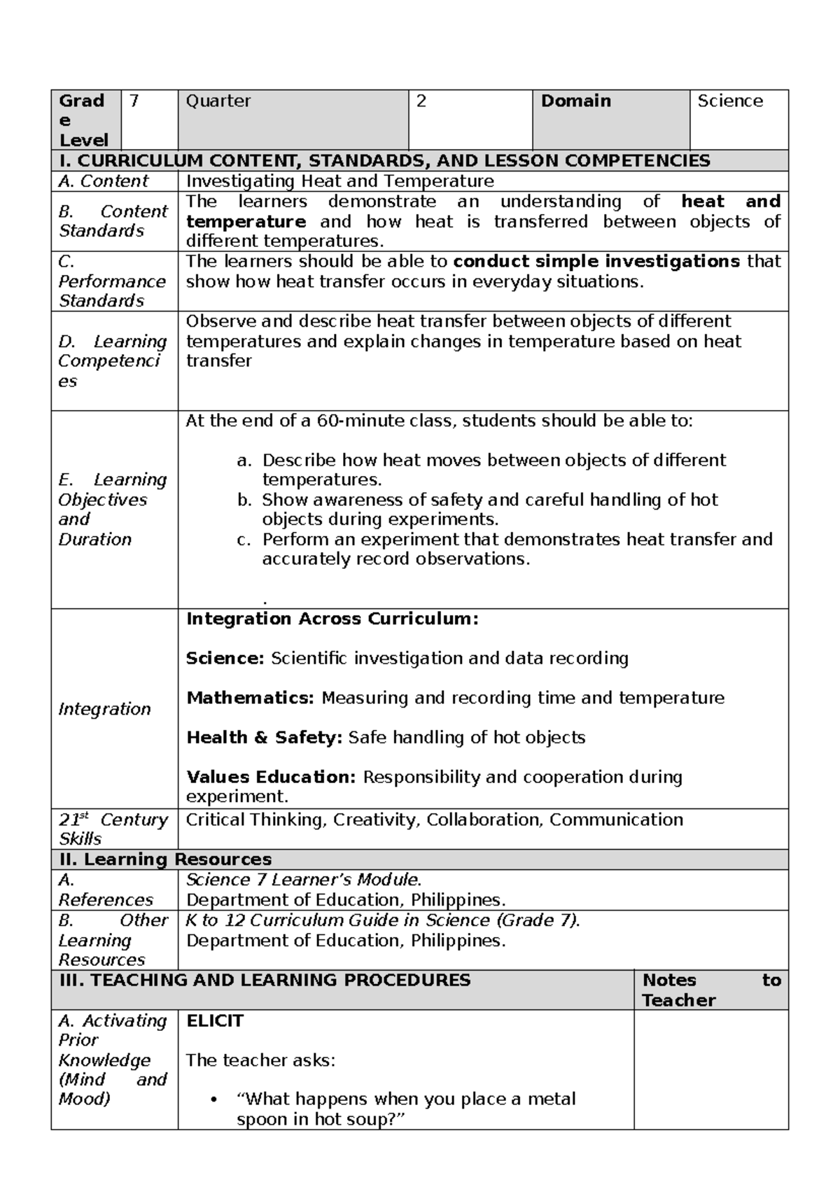 Grade 7 Science Lesson Plan: Investigating Heat Transfer - Studocu
