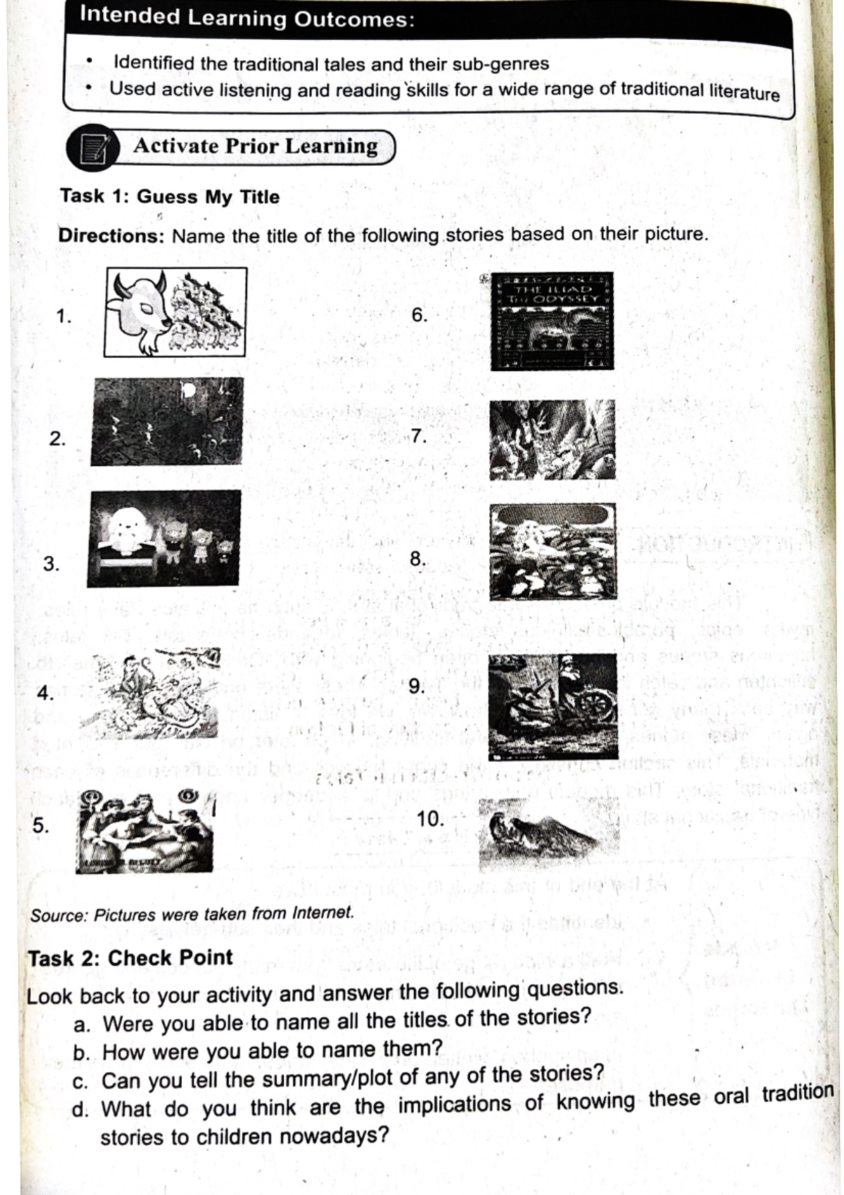 Traditional-Literature - Intended Learning Outcomes: Identified the ...