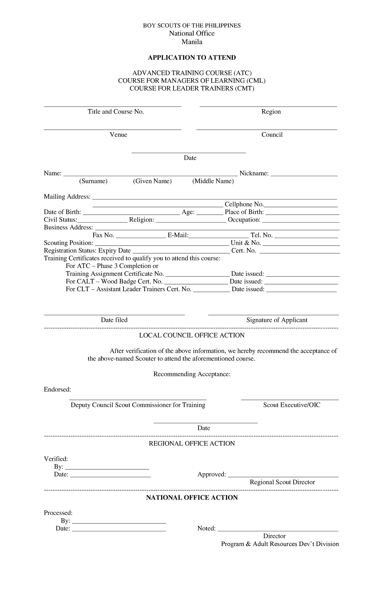 Application for Advanced Training Course (ATC) - Boy Scouts 01 - Studocu