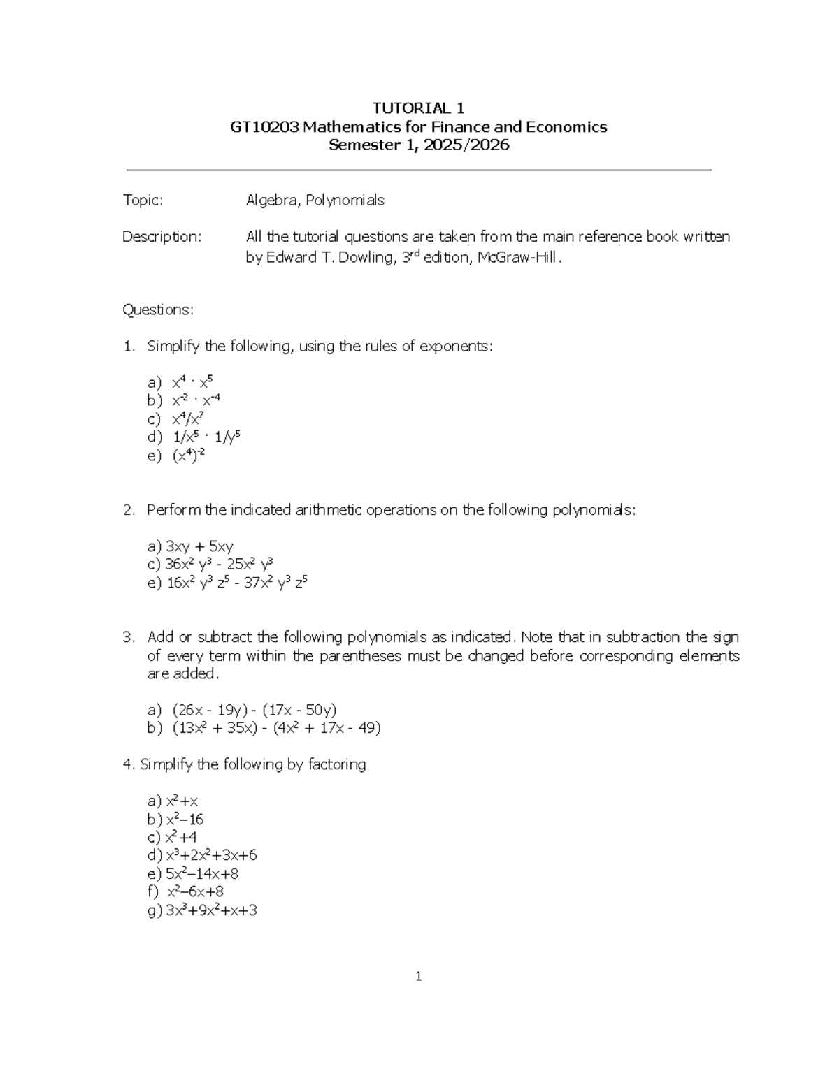 Tutorial 1 GT10203: Algebra & Polynomials in Mathematics for Finance ...