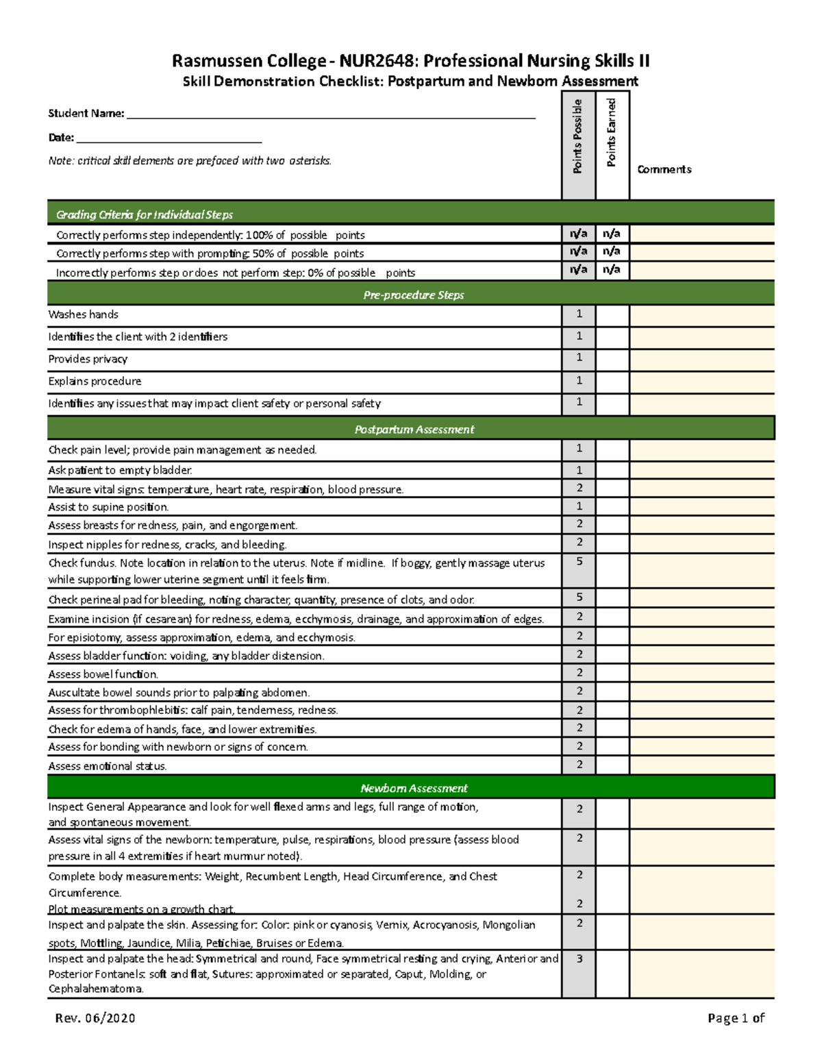 NUR2648 Skill Demonstration Checklist-Postpartum and Newborn Assessment ...