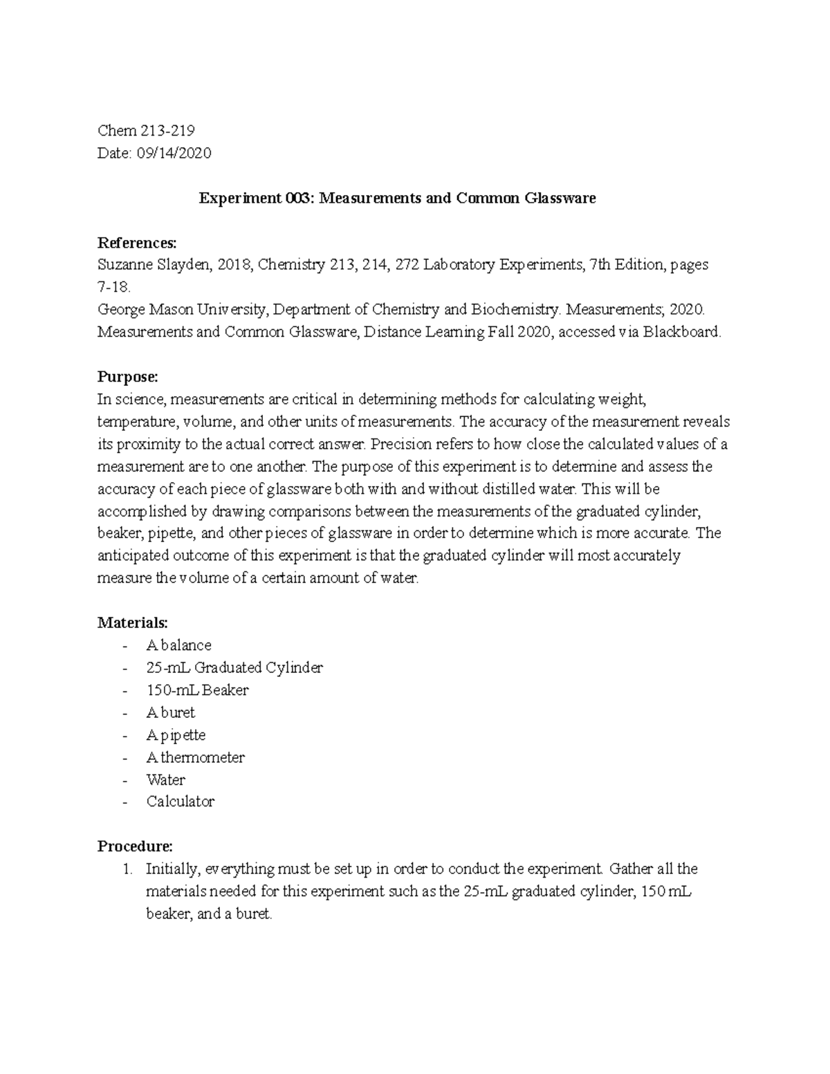 Chemistry 213 Lab Report: Glassware Measurements & Accuracy Assessment ...