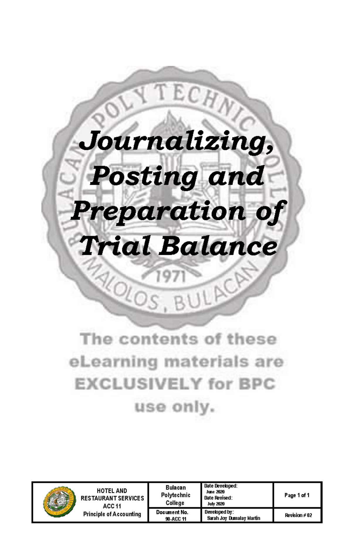HRS ACC 11 Journalizing Posting and Preparation of Trial Balance 1 - HOTEL AND RESTAURANT ...