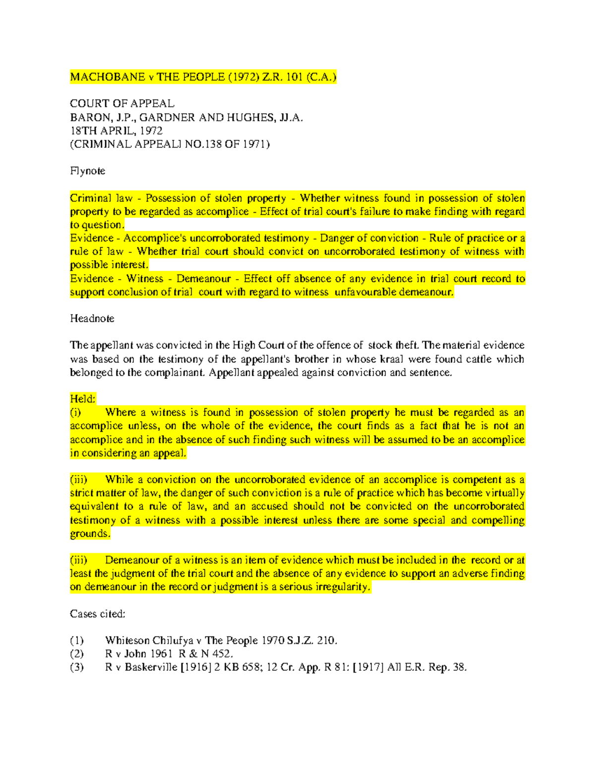 MACHOBANE v THE PEOPLE (1972) Z.R. 101: Analysis of Accomplice Evidence ...