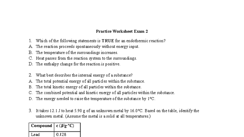 Exam 2 Practice Worksheet: Key Concepts in Thermodynamics and Kinetics ...