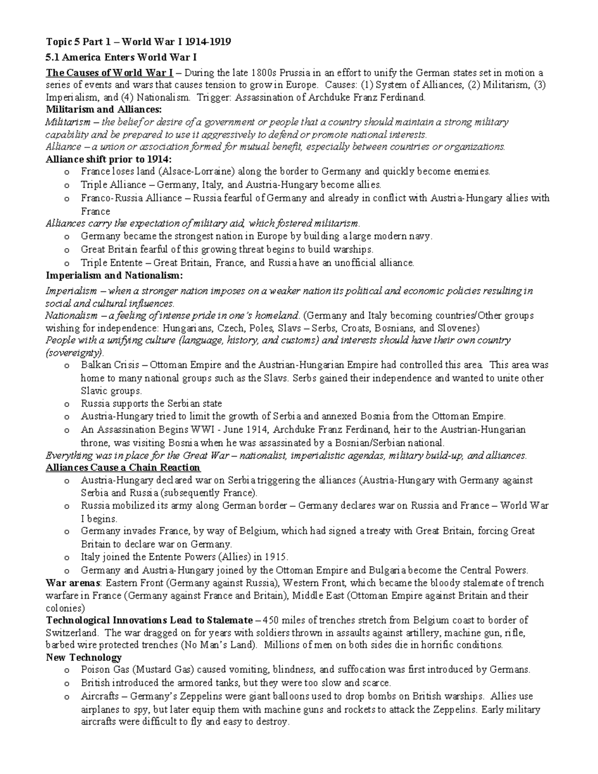 World History Unit: Key Causes and Events of World War I (1914-1919 ...