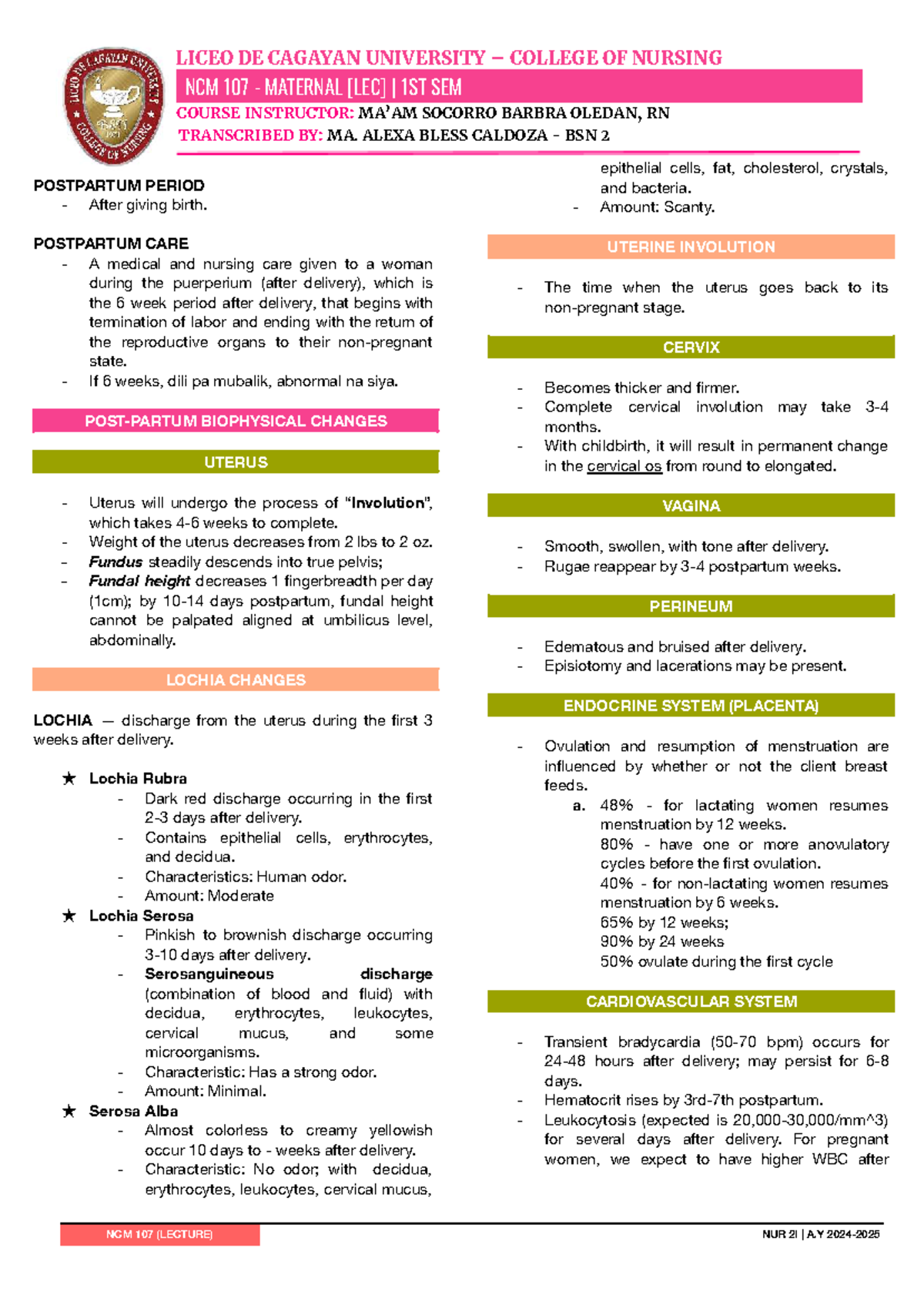 NCM 107 (LECTURE) Postpartum Care and Newborn Assessment Notes - Studocu