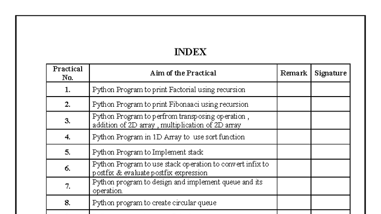 DS Practical Index: Python Programs for Data Structures - Studocu