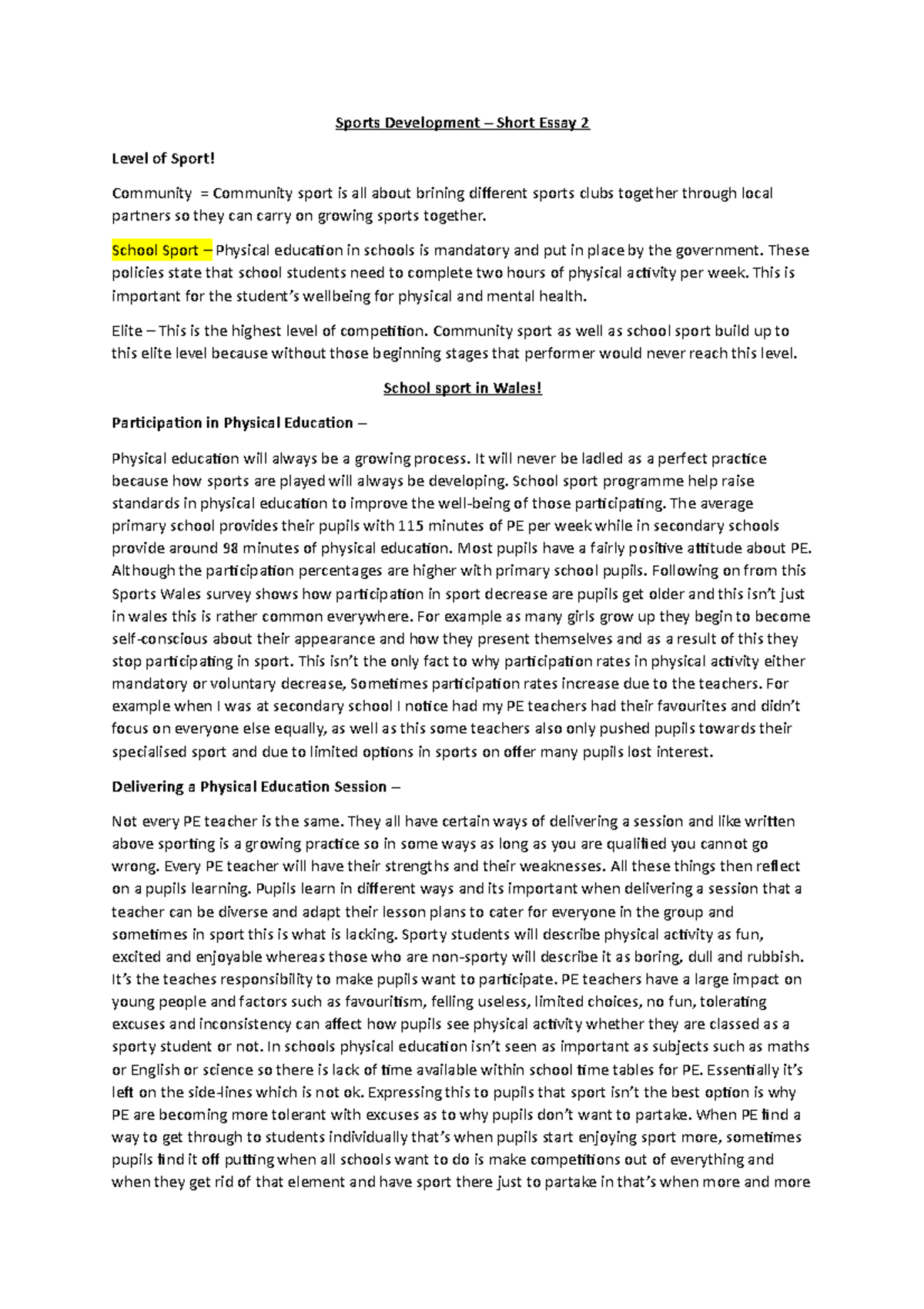 Sports Development - Essay 2: A Deep Dive into PE Participation - Studocu