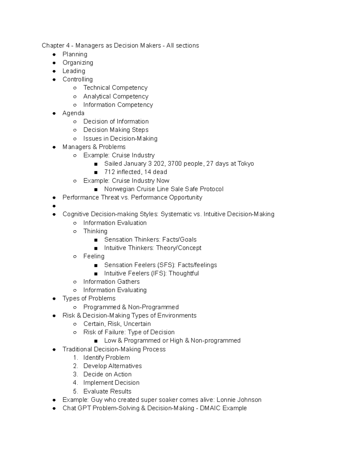 MGMT 101 Chapter 4-7: Managers, Decision Making, and Strategy Insights ...