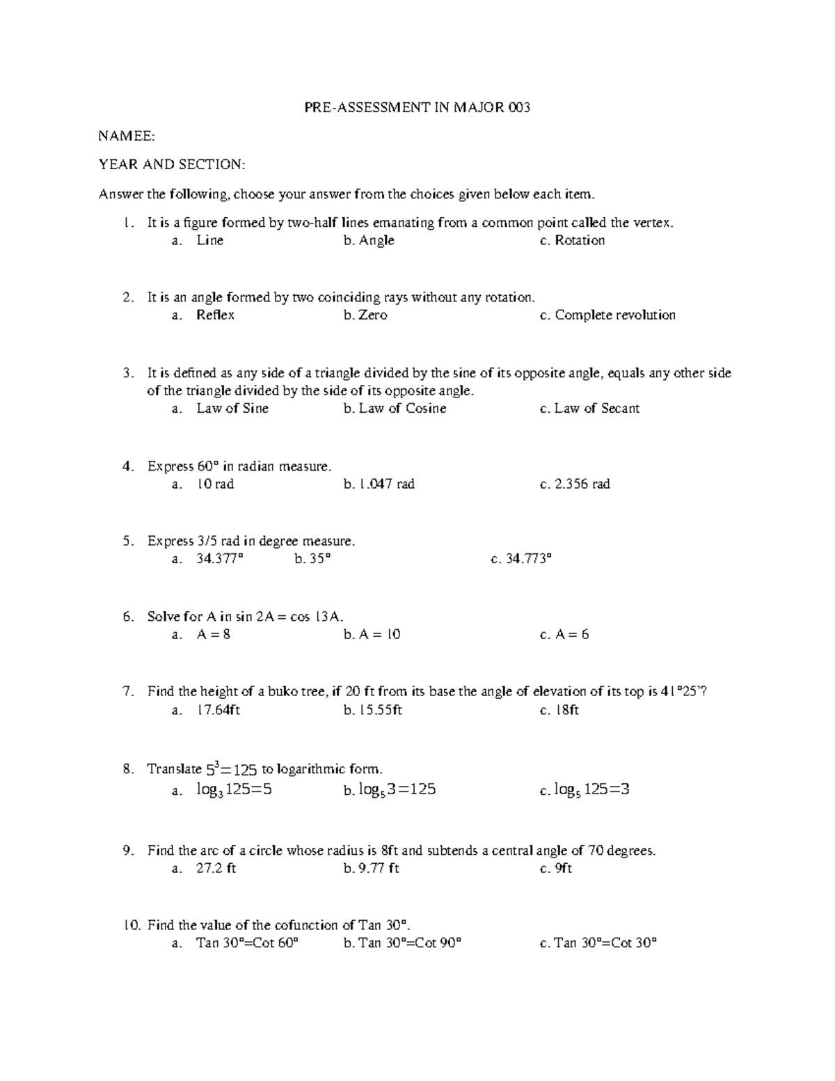 MAJOR 003 Pre-Assessment: Geometry & Trigonometry Questions - Studocu