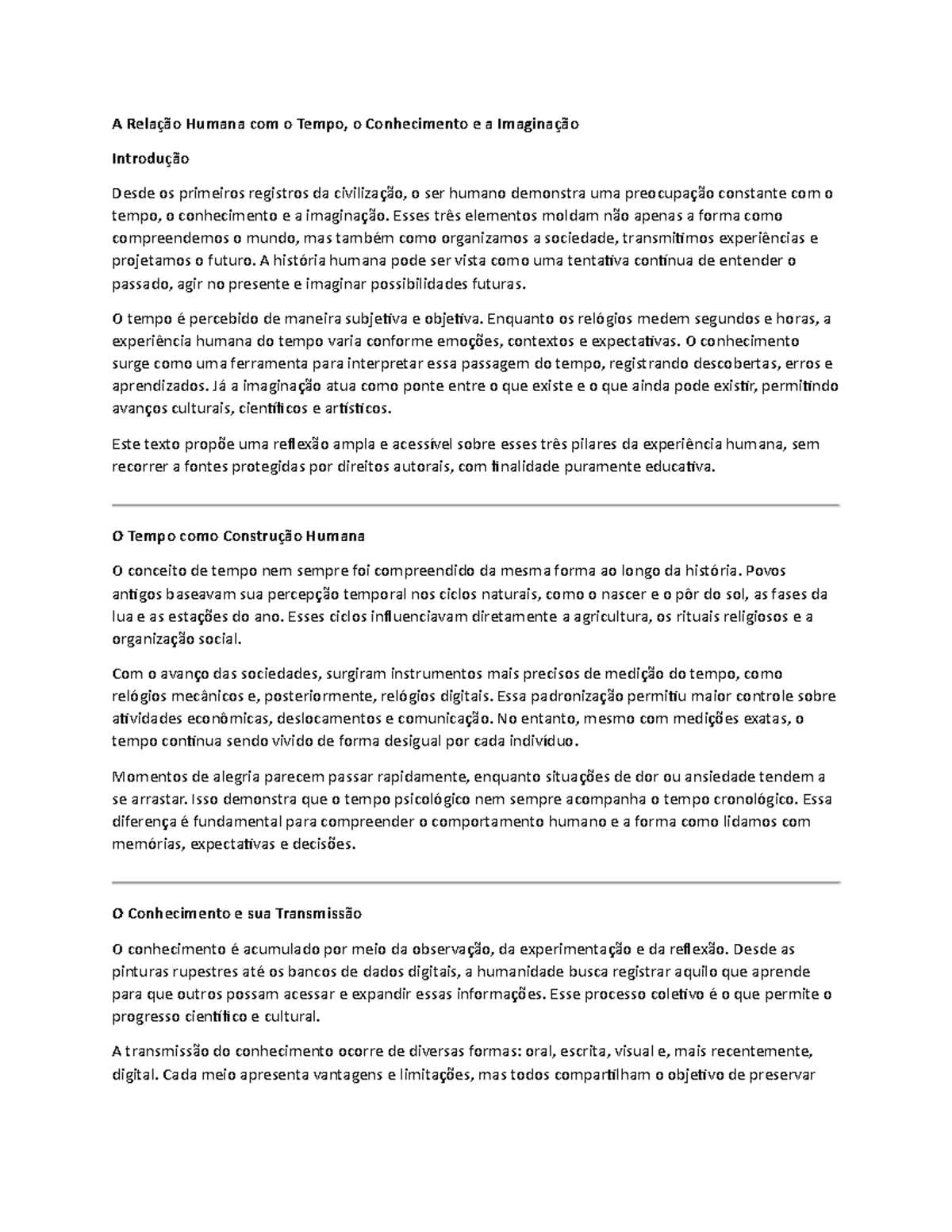A Relação Humana com o Tempo e o Conhecimento: Uma Reflexão - Studocu