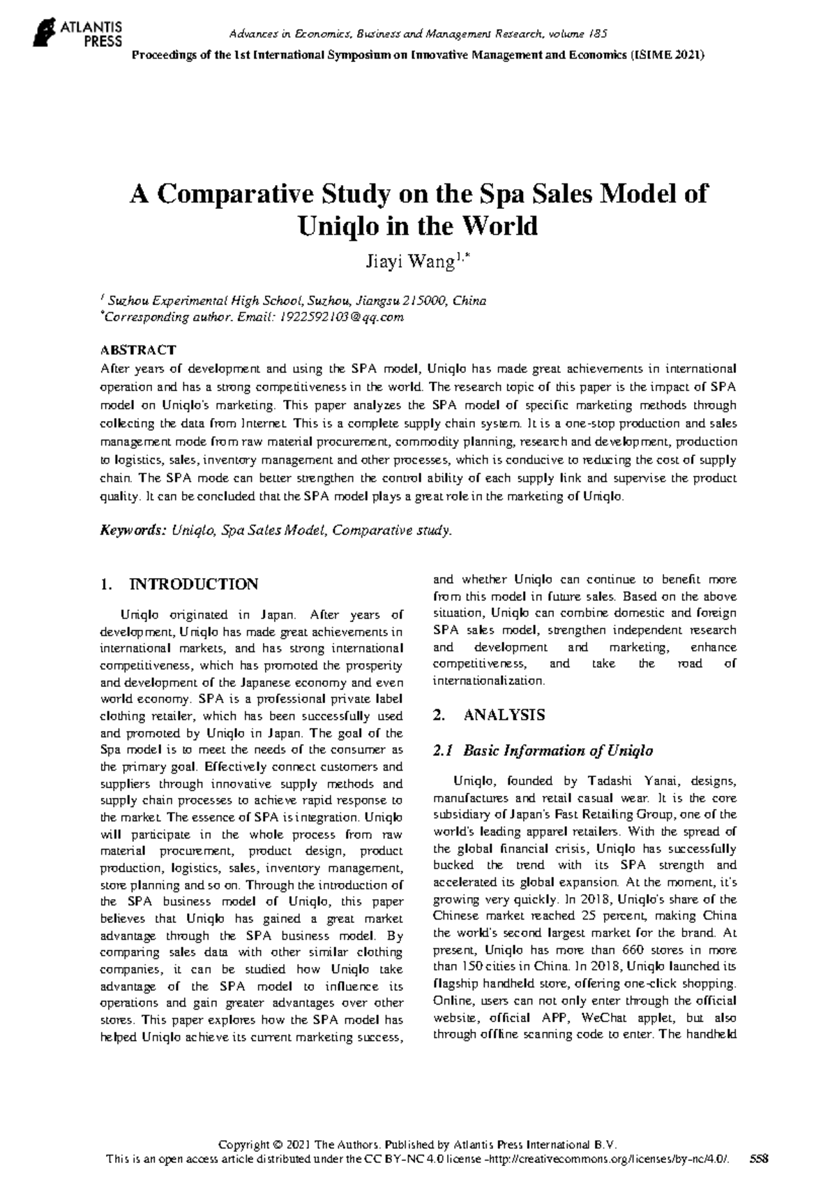 Comparative Study of Uniqlo's SPA Sales Model in Global Markets - Studocu