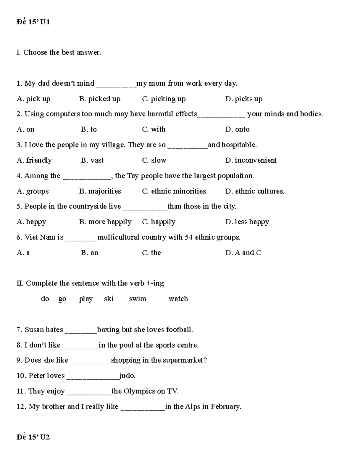 Đề U1, U2, U3: Practice Questions for IELTS Preparation - Studocu