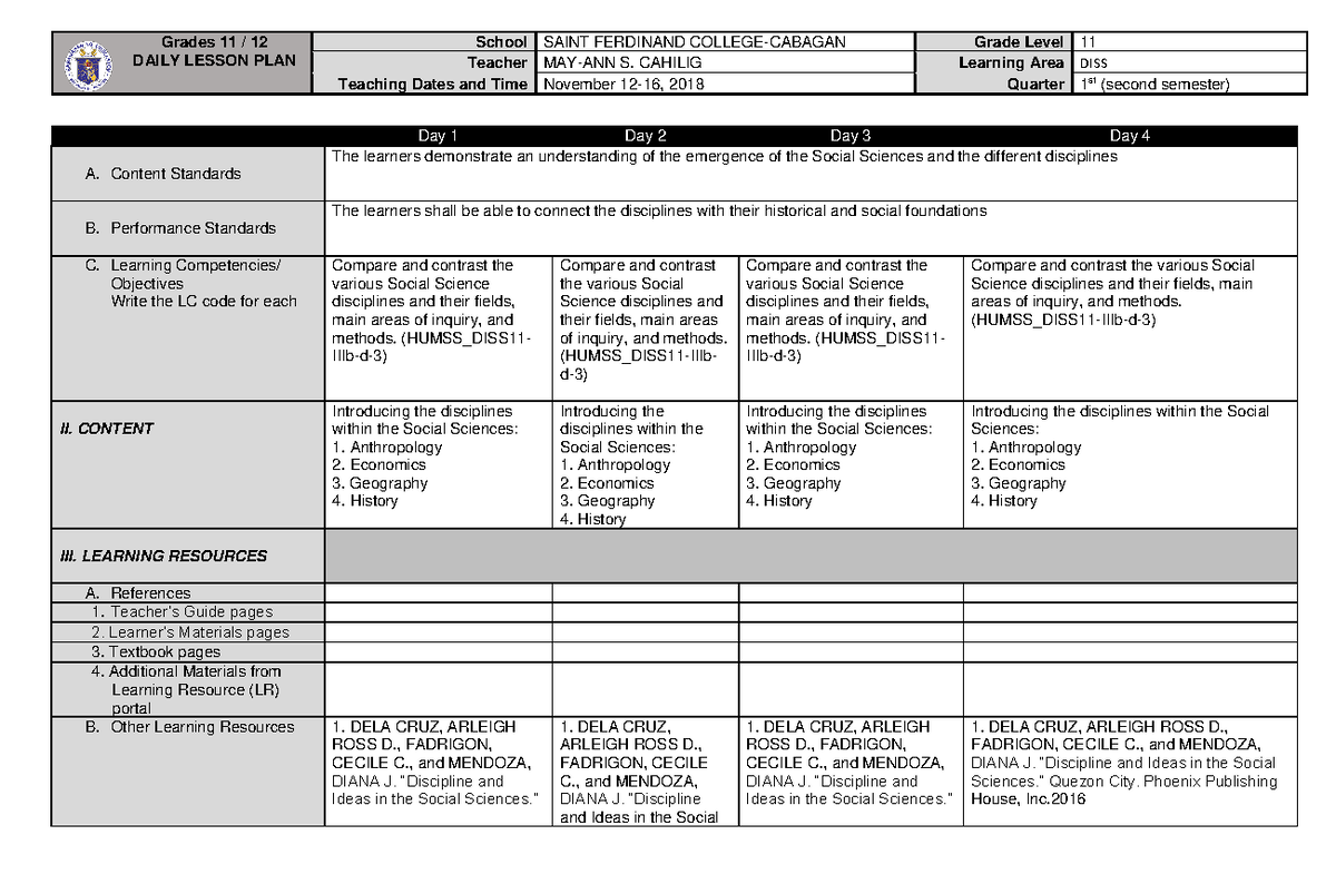 Pdfcoffee - DLL- DISCIPLINE AND IDEAS WEEK 1 - Grades 11 / 12 DAILY LESSON PLAN School SAINT ...