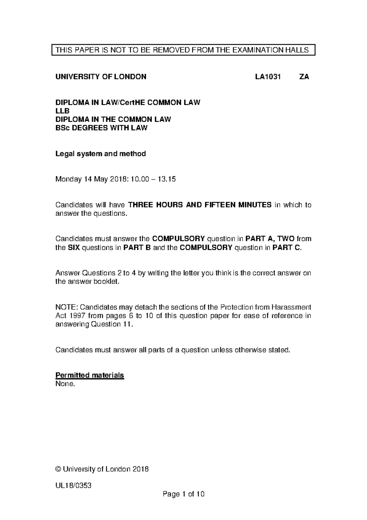 LA1031 ZA Legal System & Method Exam 2018: Past Questions & Guidance ...
