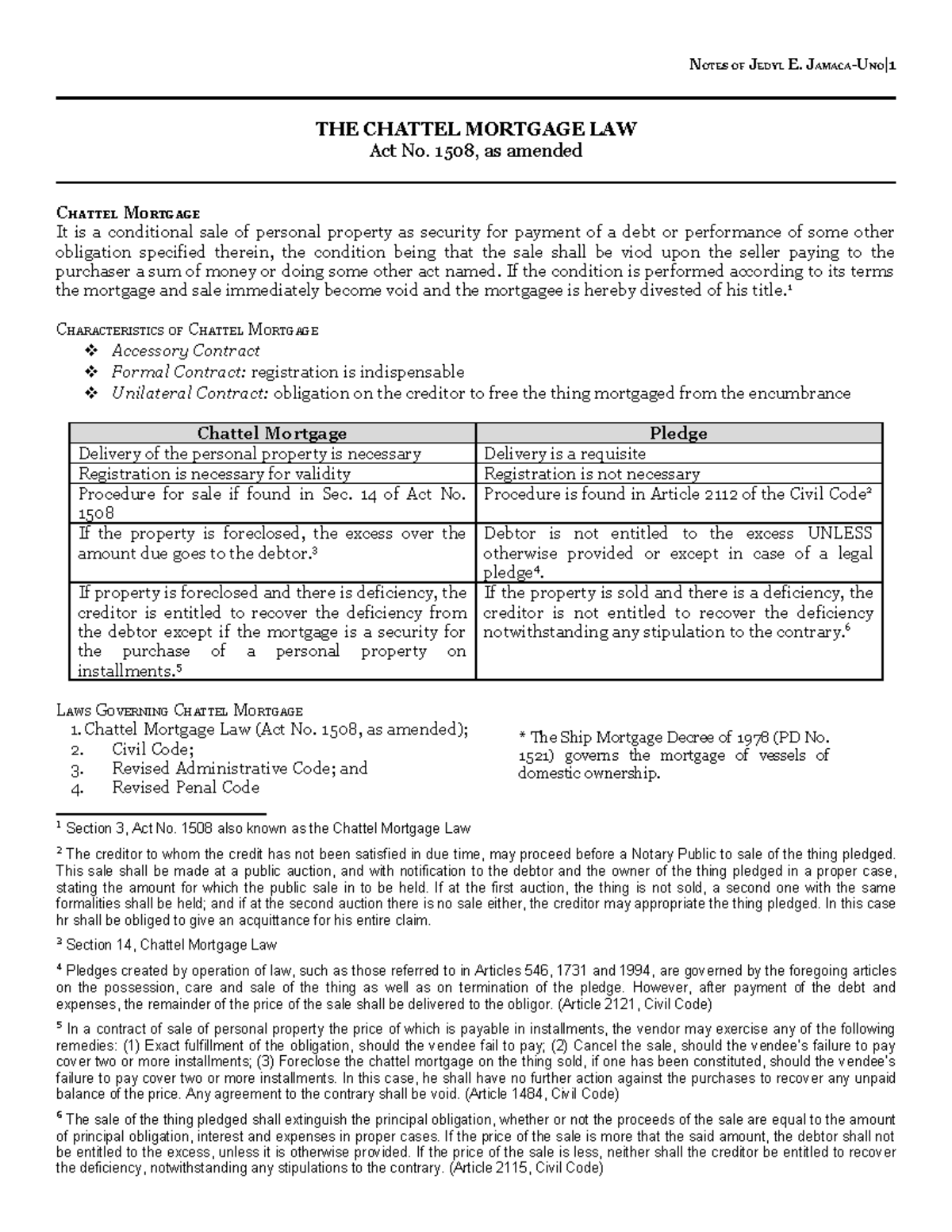Chattel Mortgage Law Notes (Act No. 1508) - Key Concepts and Provisions ...