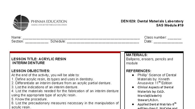 DEN 029: Acrylic Resin Interim Denture Lesson Overview and Activities ...