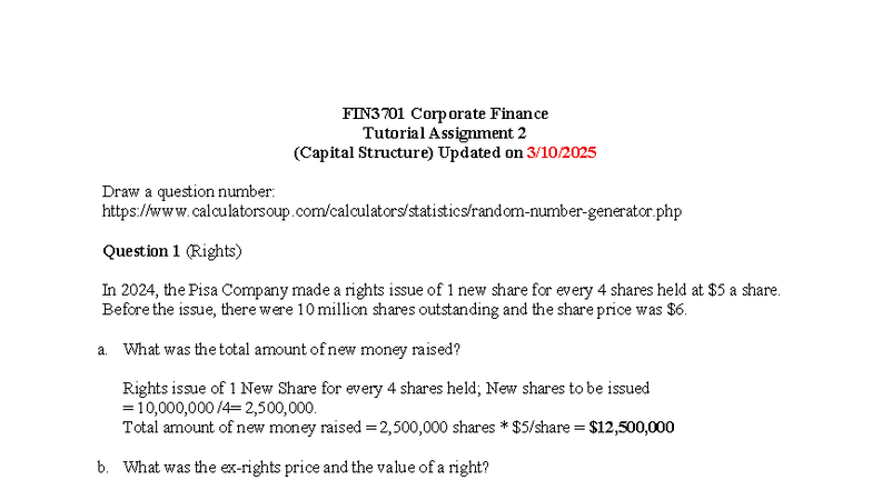 Tutorial 2 solution last - FIN3 7 01 Corporate Finance Tutorial Assignment 2 (Capital Structure ...