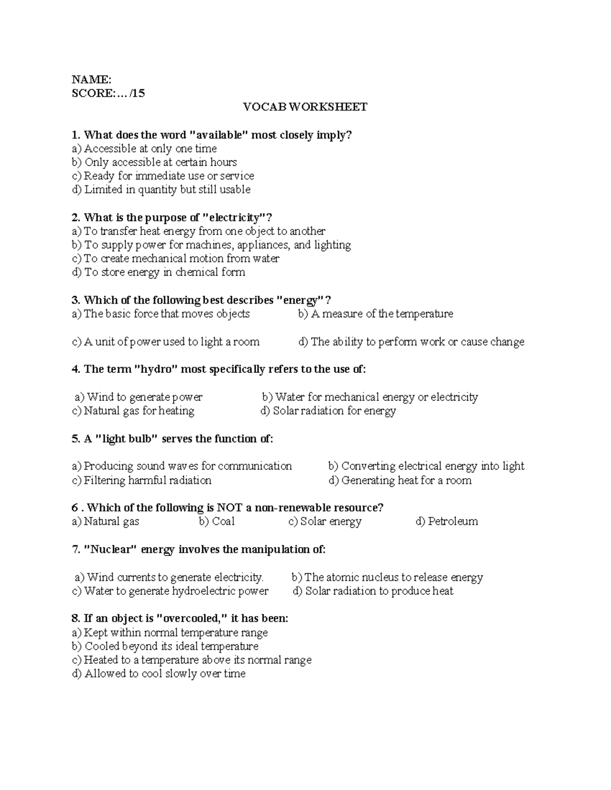 Vocab Worksheet 1: Energy and Resource Concepts - Studocu