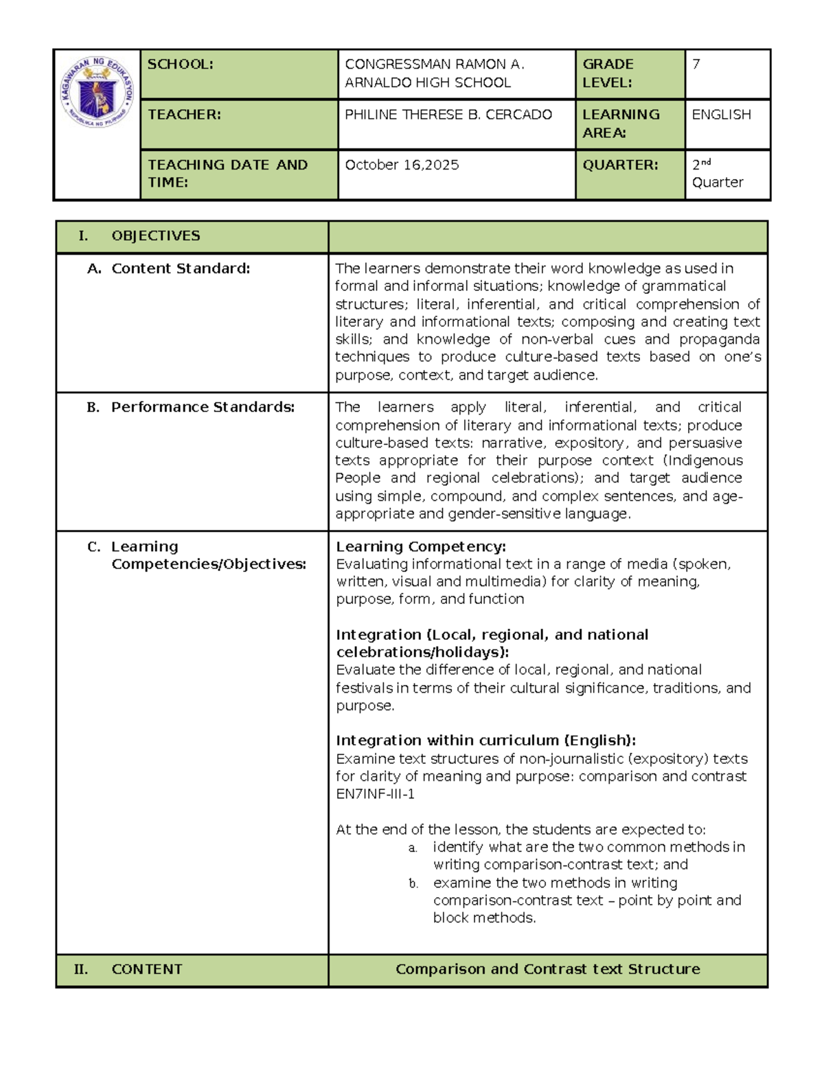 Q3 W2 Final DLPP - Lesson Plan on Comparison and Contrast in English 7 ...