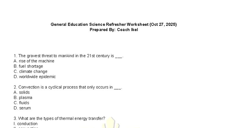 General Education Science Refresher Worksheet (GE 101) - Oct 27, 2025 ...