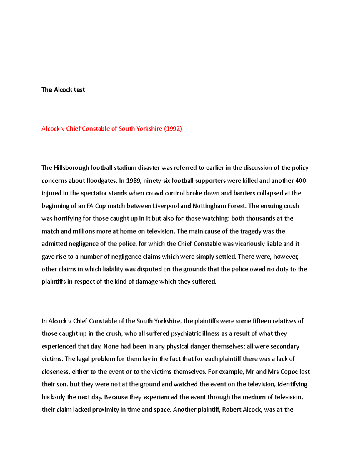 Alcock Test Overview - Tort Law Directions Notes - Studocu