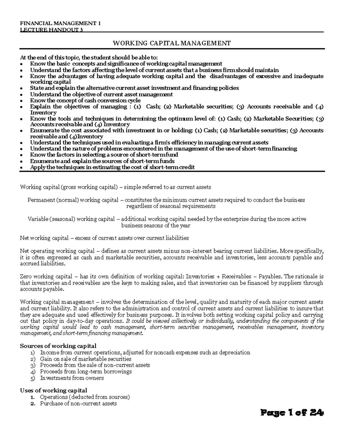 Working Capital Management: In-Depth Lecture Notes (FIN 101) - Studocu