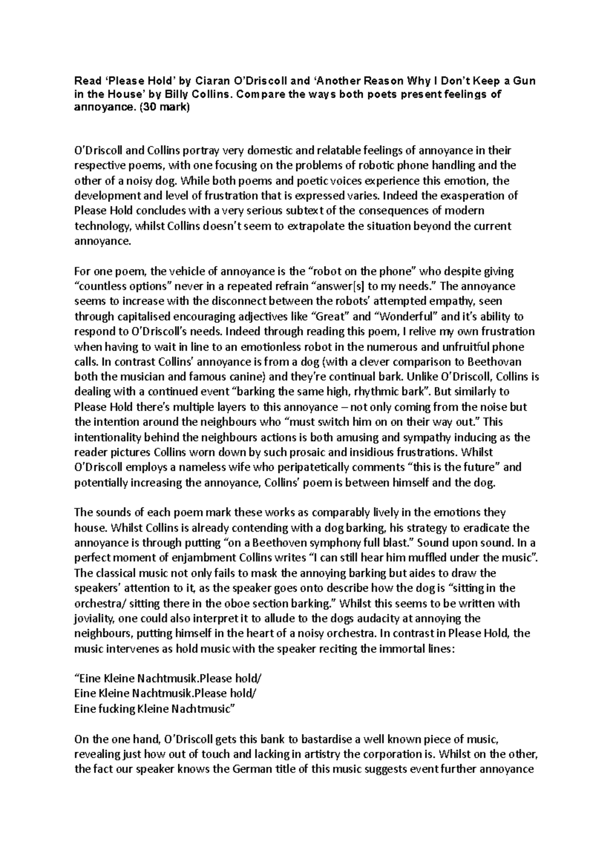 Comparative Analysis of Annoyance in O'Driscoll & Collins' Poems - Studocu