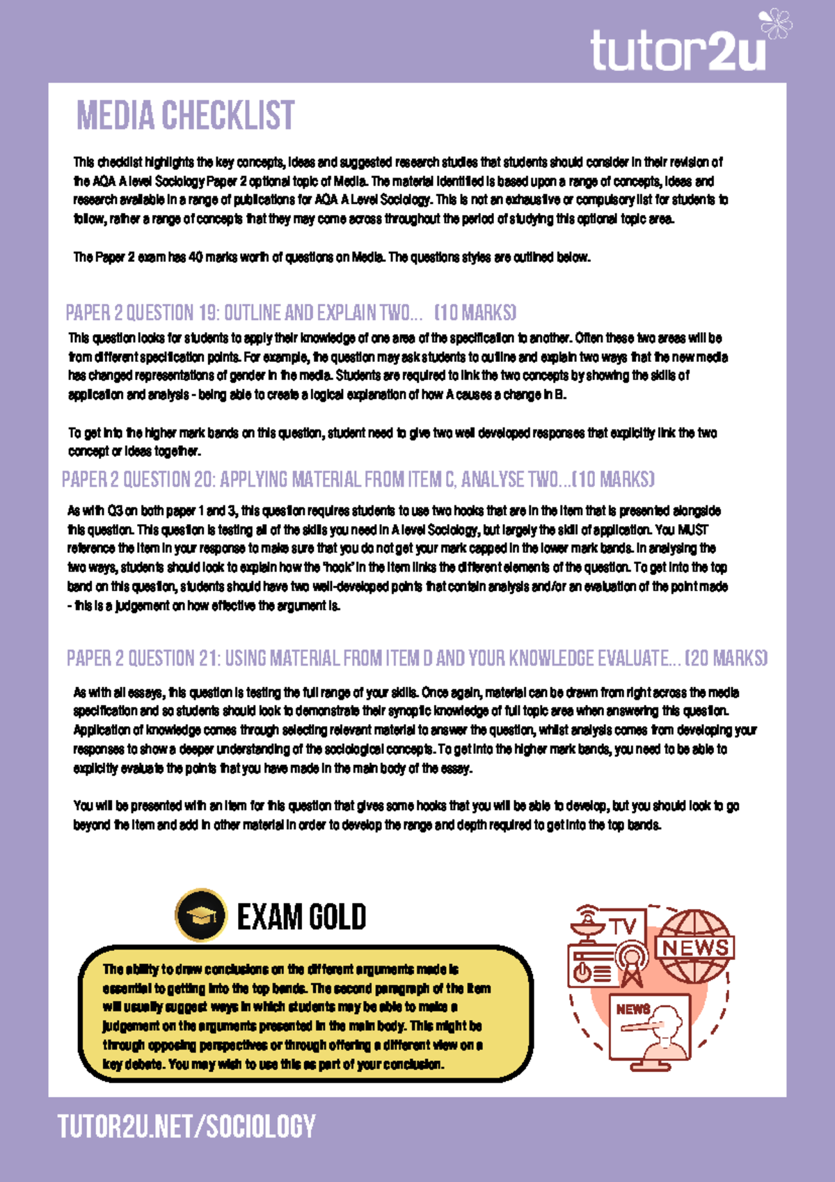 AQA A Level Sociology Media Checklist for Paper 2 Revision - Studocu