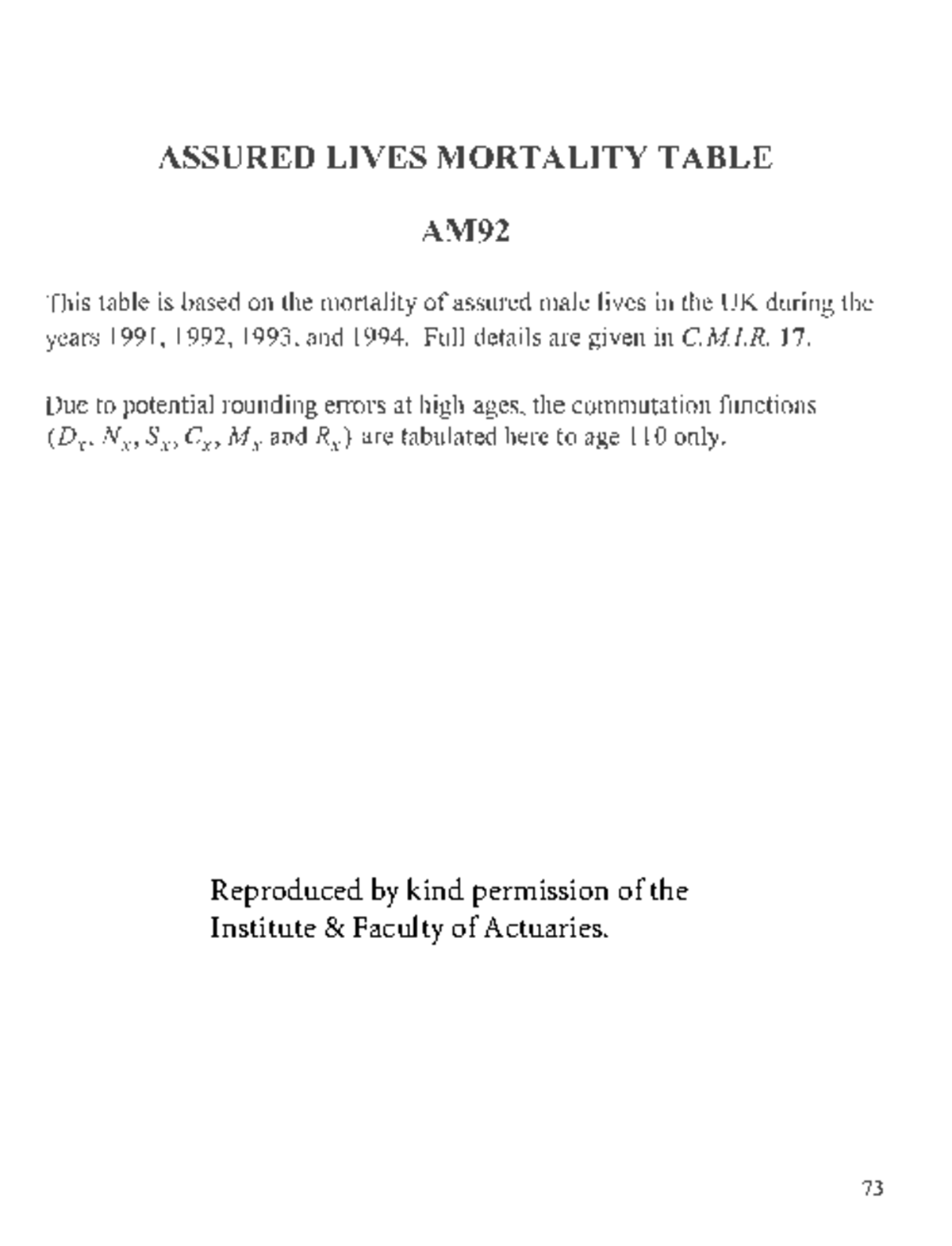 AM92 (QM+ V3) - UK Assured Lives Mortality Table 1991-1994 - Studocu