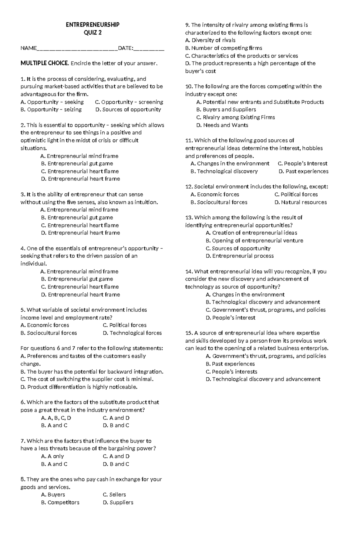 ENTREPRE Q2 - Quiz on Entrepreneurial Concepts and Opportunities - Studocu