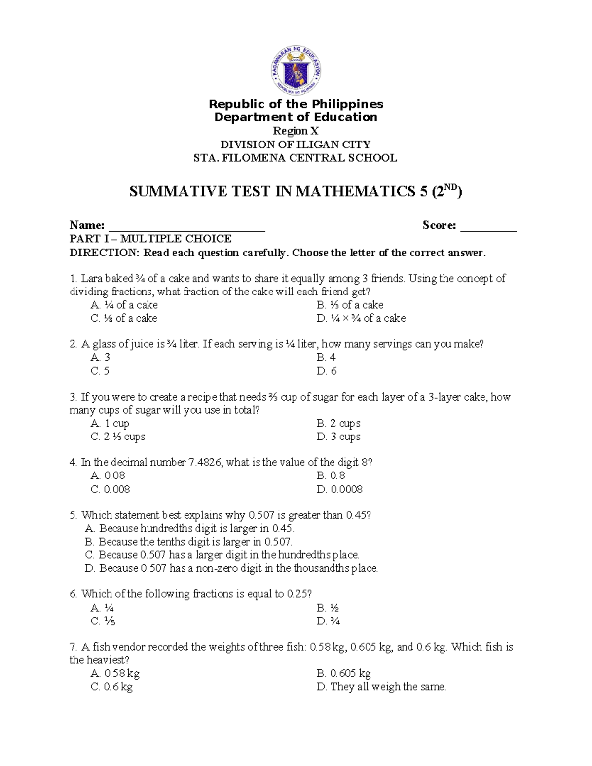 Mathematics 5 Summative Test (2nd Grading) - Key Concepts and Questions ...