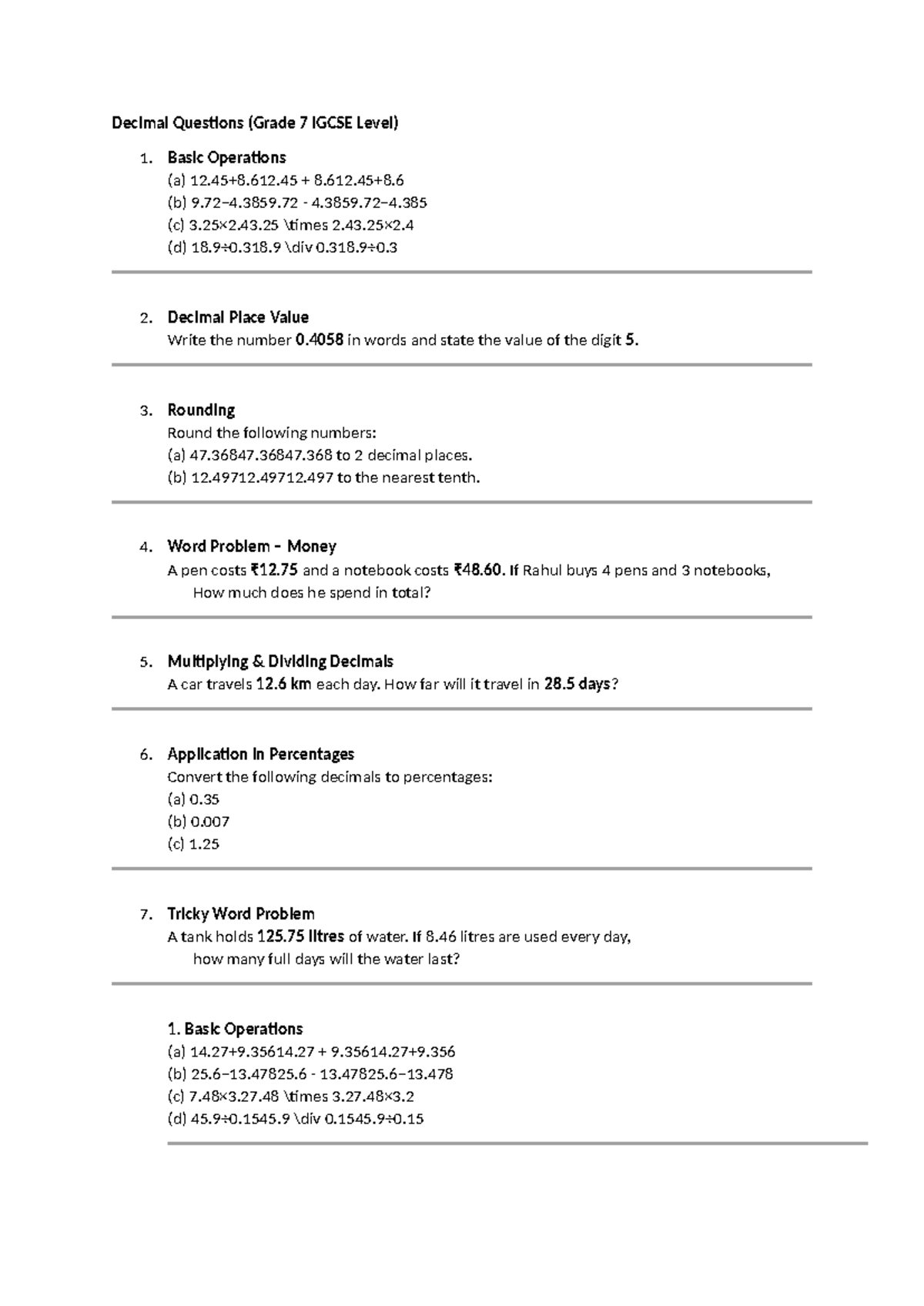 Decimal Questions (Grade 7 IGCSE) - Operations, Rounding & Word ...