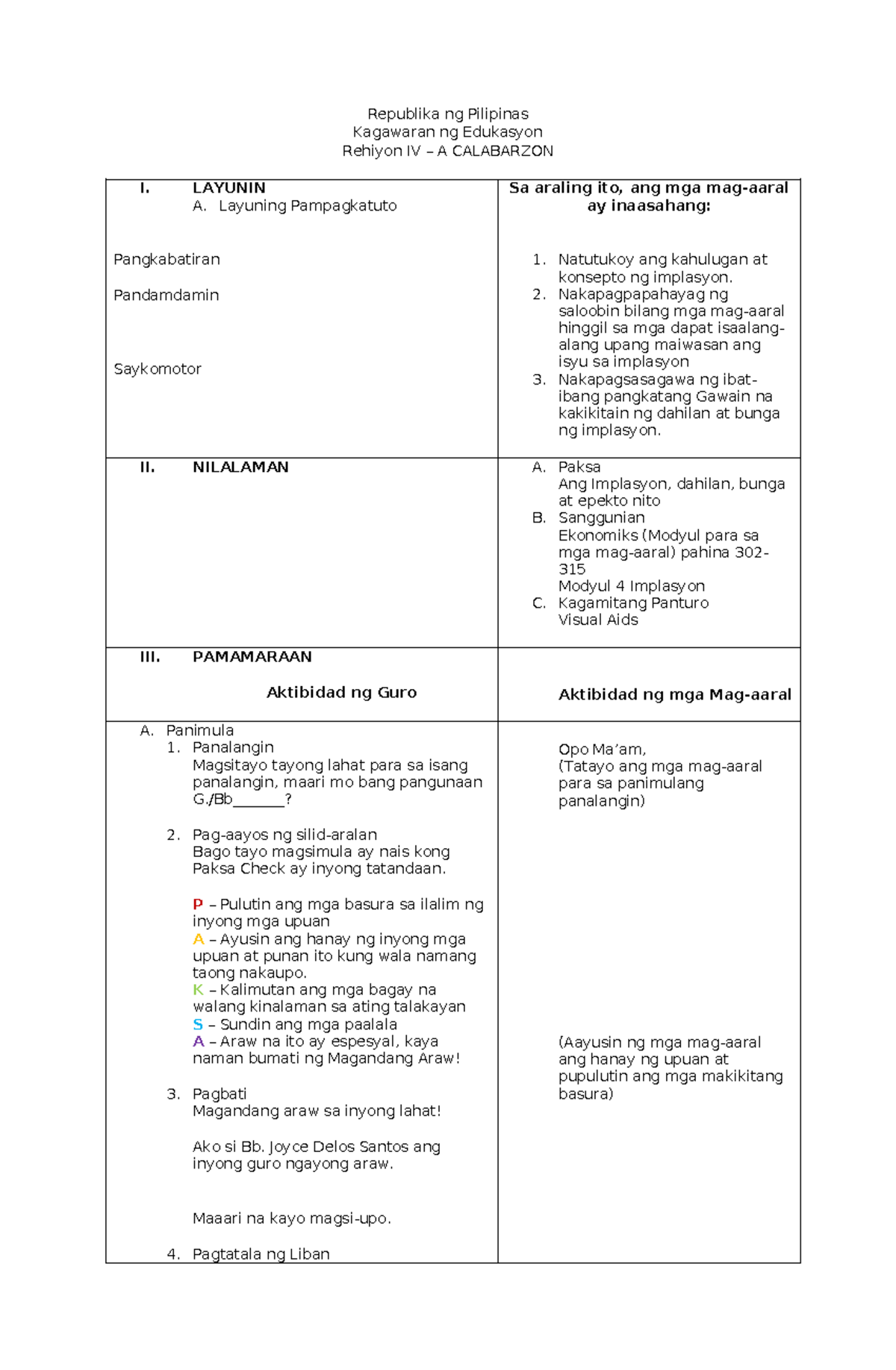 Lesson Plan for Demo Teaching G9: Understanding Inflation Concepts ...