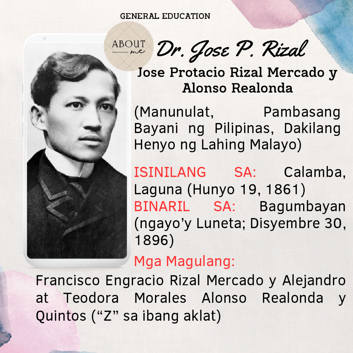 3. DR. JOSE Rizal (GEN ED) - ISINILANG SA: Calamba, Laguna (Hunyo 19 ...