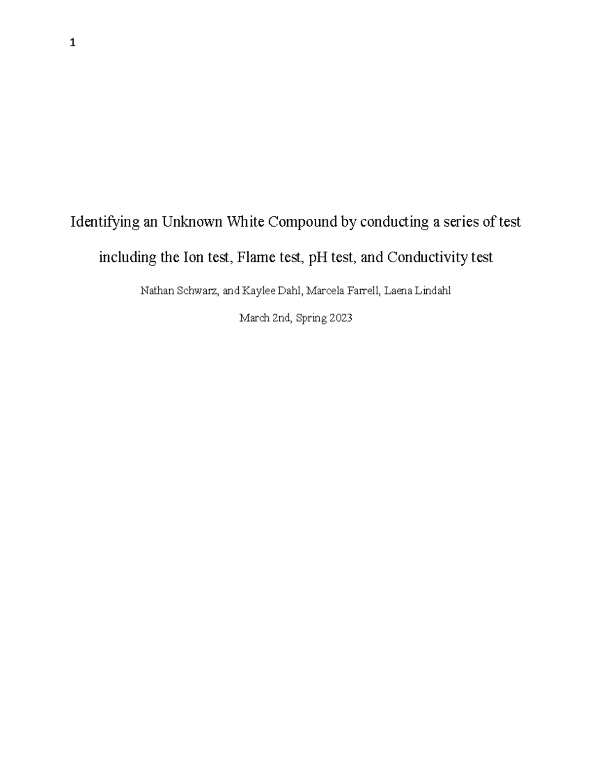 Unknown White Compound Identification Lab Report (Spring 2023) - Studocu